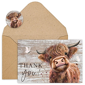 Whaline 36Pack Highland Cow Thank You Greeting Cards with Envelopes Stickers Wood Grain Farm Animal Blank Note Cards for Christmas Wedding Bridal Baby Shower Small Business Birthday Farmhouse Party