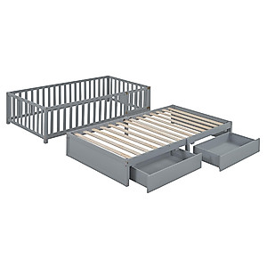 Twin Size Daybed with Fence Guardrails and 2 Drawers, Wood Twin Bed Frame Montessori Bed with Storage for Kids Girls Boys ,Can Split into Independent Floor Bed & Storage Daybed ,Grey