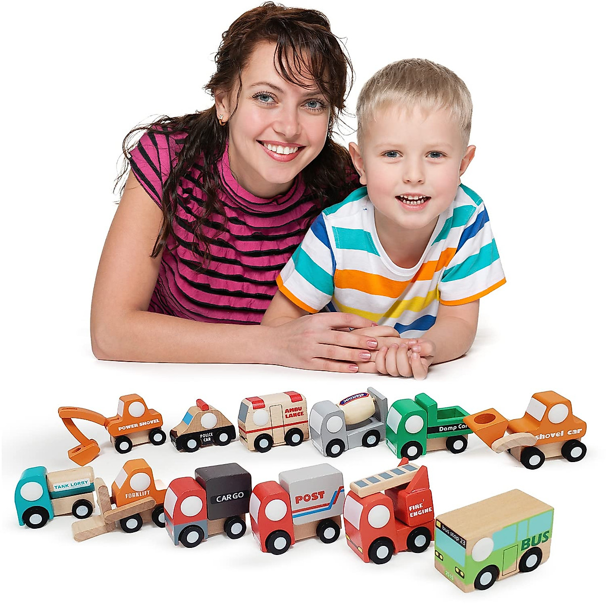 TEKOR (12) Wooden Toy Car Set | Montessori | Police Car | Fire Truck | Ambulance | (9) Other Cars| Develops Fine Motor Kills | Smooth, No Rough Edge | Child Friendly Paint |