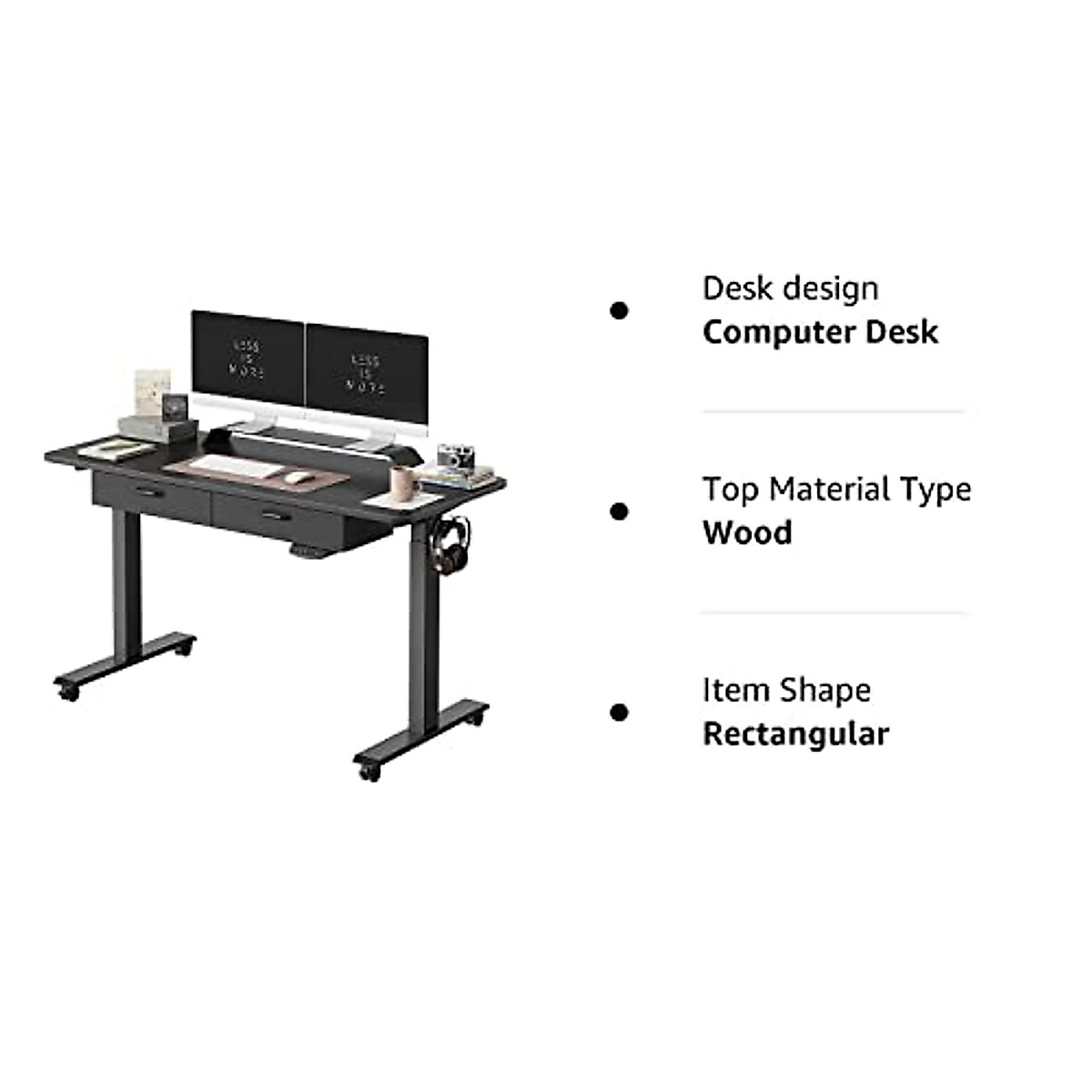 FEZIBO Adjustable Height Electric Standing Desk with Double Drawer, 55 x 24 Inches Stand Up Home Office Desk with Splice Tabletop, Black Frame/Black Top
