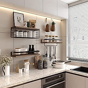 Floating Shelves with Storage Basket, Bathroom Shelves Over Toilet Paper Holder Storage Shelves, Wall Mounted Rustic Wood Shelves for Bathroom, Bedroom, Living Room, Kitchen(Brown, Set of 3)