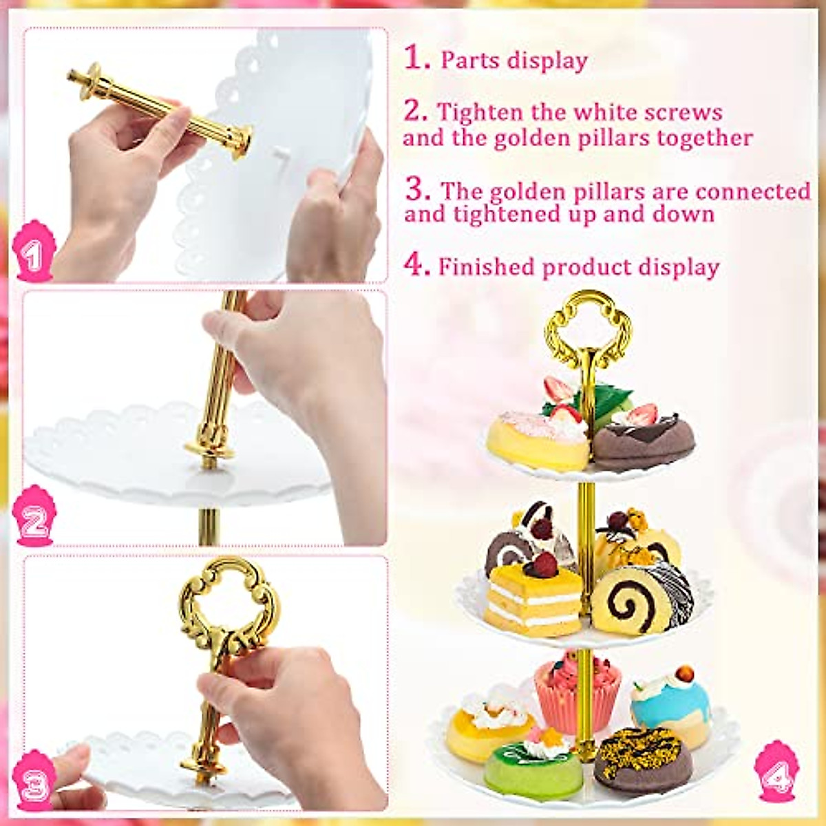 7 Pcs Cupcake Stands Dessert Plates Set 4 Pcs 3 Tire Round Cupcake Stands Cake Fruit Display Tower and 3 Pcs Plastic Rectangle Dessert Trays Candy Server for Wedding Birthday Baby Shower Tea Party