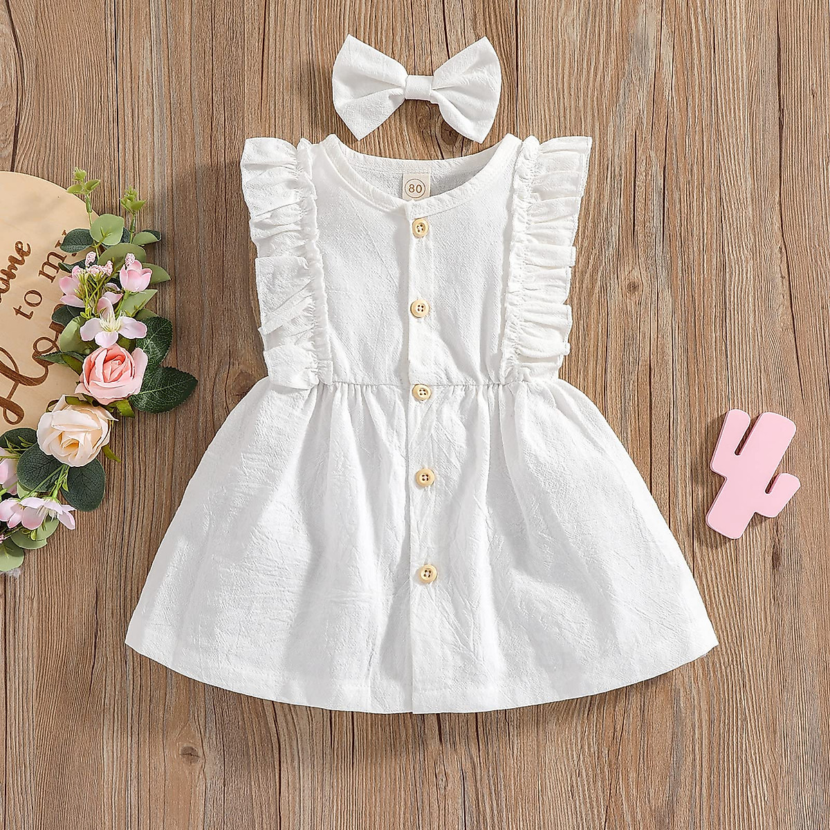 Cudilica Toddler Baby Girls Summer Dress Sleeveless Ruffle Solid Cotton Linen Button Princess Dresses Headband Infant Set (White, 6-12 Months)
