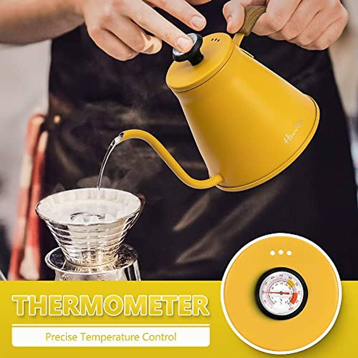 Gooseneck Kettle, Harriet 37oz Pour Over Kettle Stove Top, Stainless Steel Coffee kettle with Thermometer, Tea Kettle with 3-Layer Base, Anti-Hot Handle, for Drip Coffee & Tea