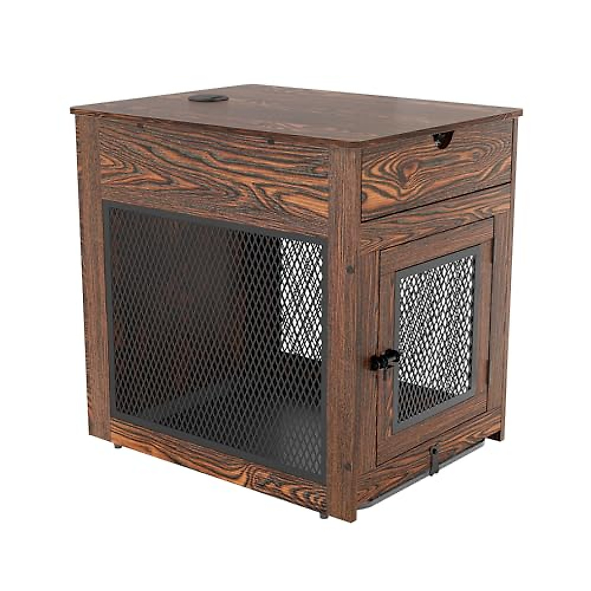 Piskyet Dog Crate Furniture,Wooden Dog Crate End Table with Storage Drawer&Cushion&Tray, QC3.0 Wireless Charging,Dual USB,Medium Dogs Rustic Style