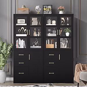 HIFIT 2 Pack Tall Bookshelves and Bookcases with Glass Display Cabinet Doors and 3 Drawers, Floor Standing Wood Storage Cabinet with Shelves, Modern Cabinet for Home Office, Living Room, Study, Black