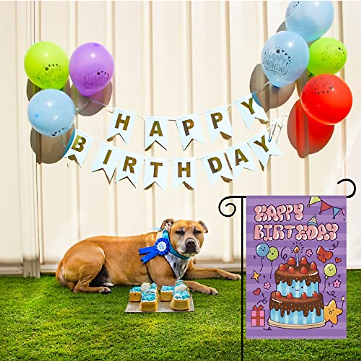 Iutumo Happy Birthday Garden Flag 12x18 Inch Double Sided Small Cute Cake Balloon Vertical Decoration for House Yard Outside and Party