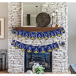 JOZON Ramadan Mubarak Banner Muslim Ramadan Mubarak Bunting Banner Garland with Lantern Moon Castle Sign Eid Mubarak Festival Celebration Party Decorations for Mantle Fireplace Wall Party Supplies