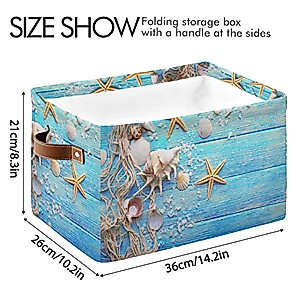 FZDXZJJ Summer Beach Wooden Starfish Storage Basket Bins, Ocean Nautical Decorative Baskets Storage Box Collapsible Storage Cubes Organizer with Handles for Nursery Shelf Closet Office Home Bedroom,1 Pack