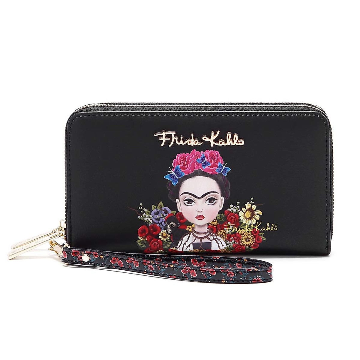 Frida Kahlo Cartoon Two Zip Around Wallet with Wristlet (Black/Black)