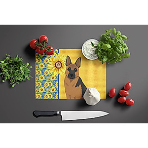 Caroline's Treasures WDK5422LCB Summer Sunflowers Black and Tan German Shepherd Glass Cutting Board Large Decorative Tempered Glass Kitchen Cutting and Serving Board Large Size Chopping Board