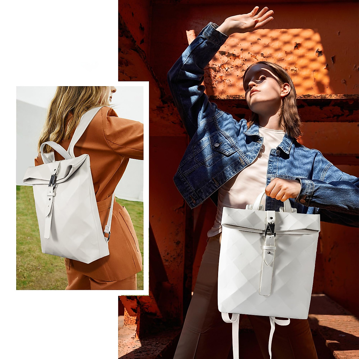 Milan Chiva Geometric Backpack Purses for Women Holographic School College Anti-Theft Travel Rucksack Ladies Shoulder Bookbag MC2-1022BG, Beige