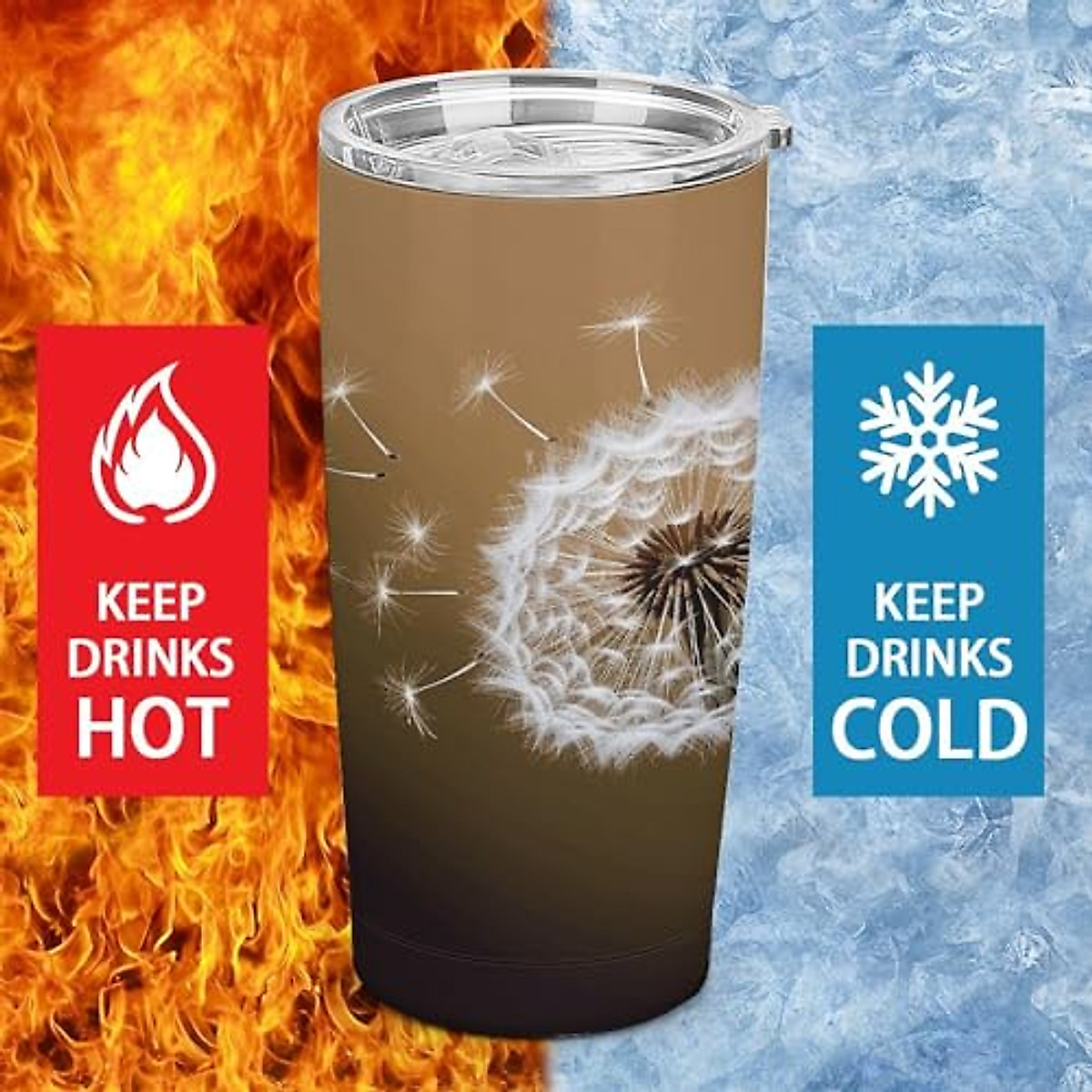 FHENMSA Stainless Steel Insulated Travel Coffee Mug,Blown Dandelion Blossom Print Reusable Car Cup,Thermal Cup for Outdoor with Straw And Lid