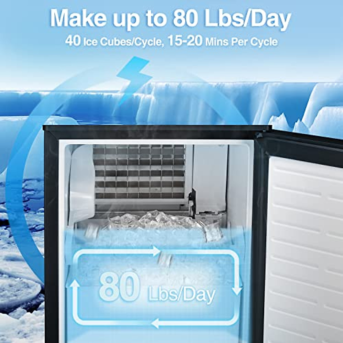 R.W.FLAME Under Counter Ice Maker, 80Lbs Daily Built-in Ice Maker Machine, Reversible Door, Auto Clean, 24H Timer, Commercial Ice Maker for Home & Coffee Shop, Silver