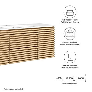 Modway Render 48" Wall-Mount Bathroom Vanity Cabinet with Ceramic Sink Basin in Oak White