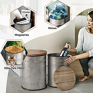 oneinmil Rustic Storage Bins Farmhouse End Table Farmhouse Furniture Galvanized Metal Stool Ottoman Seat with Round Wood Lid Set of 2