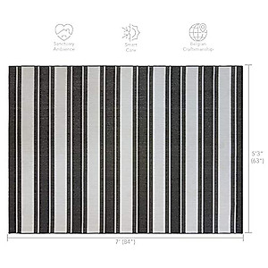Gertmenian Indoor Outdoor Area Rug, Classic Flatweave, Washable, Stain & UV Resistant Carpet, Deck, Patio, Poolside & Mudroom, 5x7 Ft Standard, Stripes, Black White, 37706