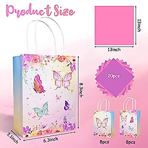 16 PCS Butterfly Party Gift Bag Favors Bags with Tissue Paper Goodie Paper Bags Pink and Purple Flowers Candy Paper Bags with Handles for Kids Girl Birthday Party Decor Baby Shower(8.2" x 5.9" x 3.1")