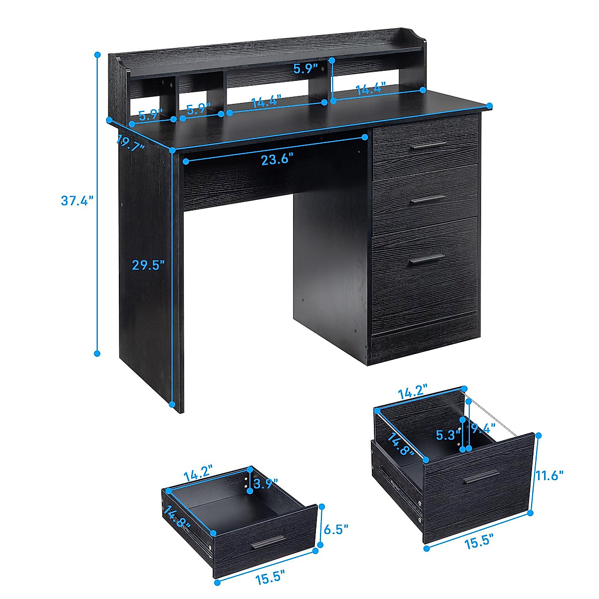 Kcelarec Computer Desk with Drawers and Hutch, Home Office Desk with File Drawer, Wood Executive Desk Writing Study Table PC Desk for Bedroom (Black)
