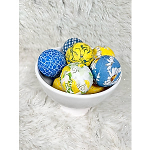 Sunshine Garden Blue Yellow floral fabric wrapped bowl fillers, set of 10 trendy home decor, flowers, dough bowl vase, basket, apothecary jar, blue white yellow