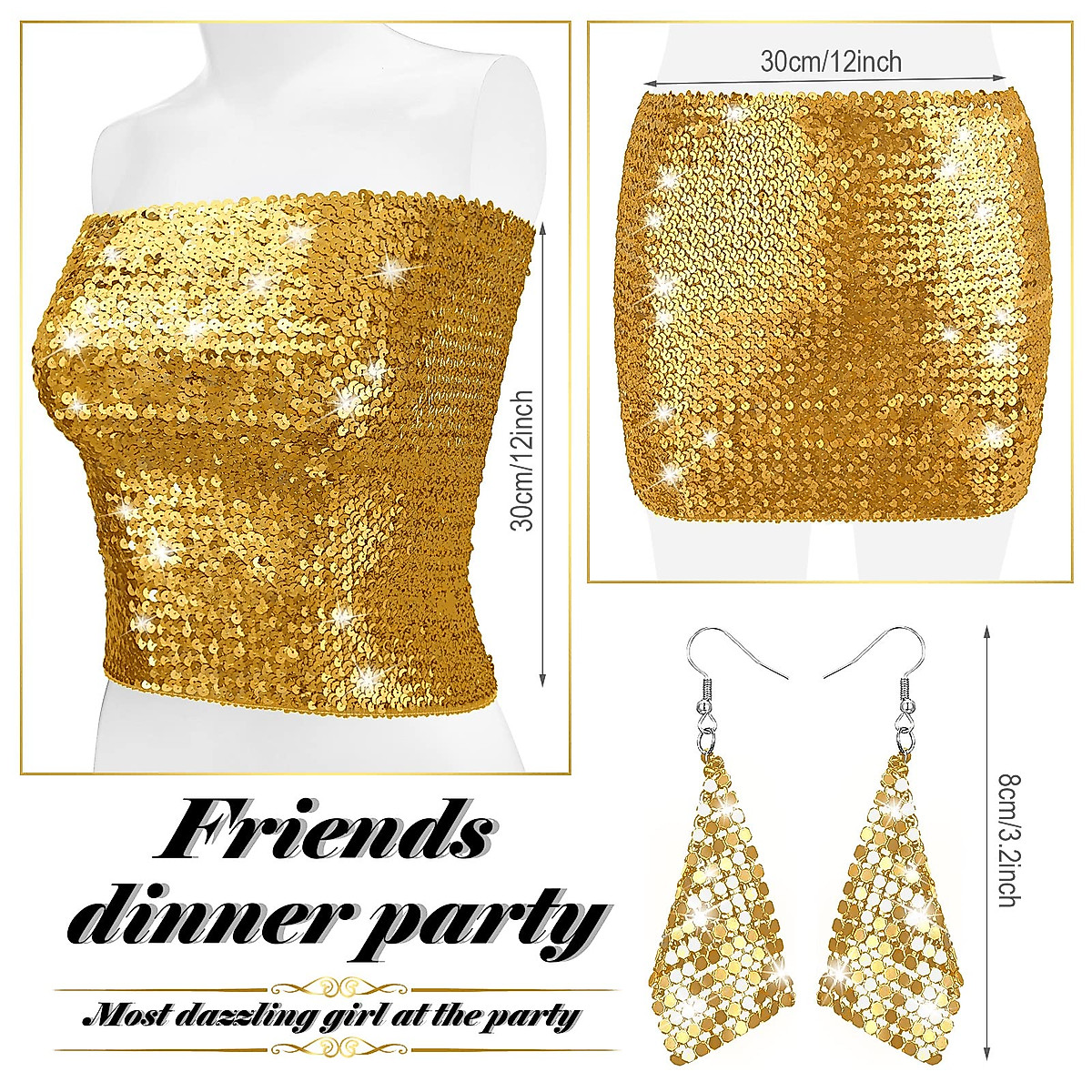 Women's Sparkly Sequin Crop Tops Strapless Metallic Tube Tops with Metal Mesh Drop Dangle Earrings for Party Clubwear (Gold)