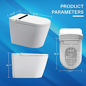 Smart Bidet Toilet with Unlimited Heated Water/Adjustable Washing Settings/Air Dryer/LED-light, One Piece Bidet-Toilet with Remote Control/Auto Open&Close Cover