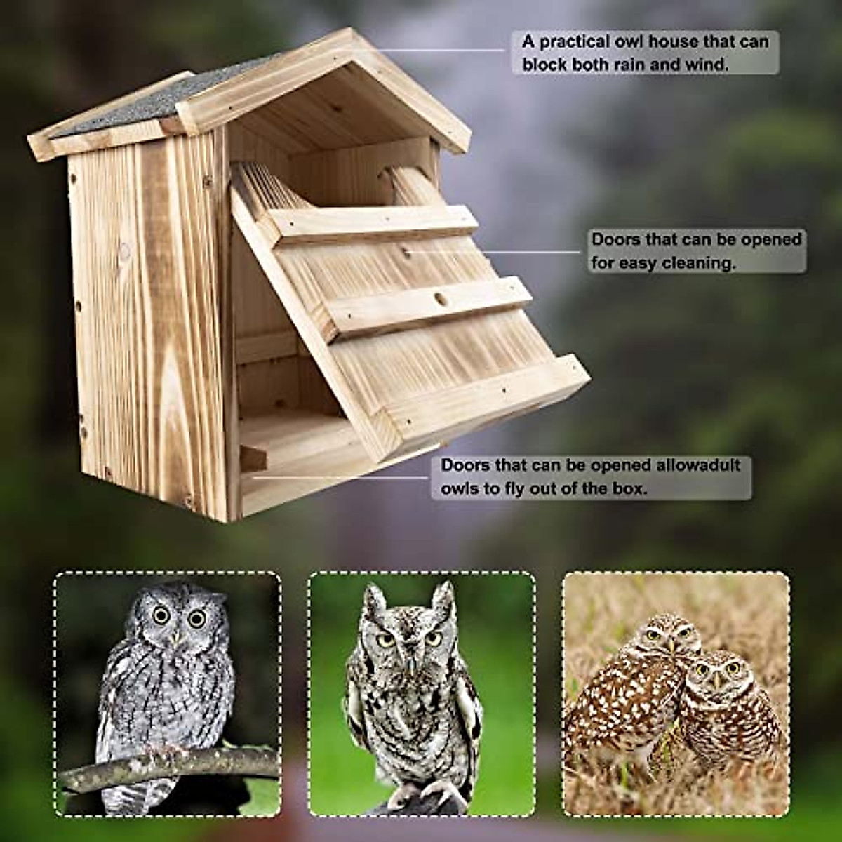 Owl House Hand Made with Bird Stand Design, Owl Nesting Box for Outside Large Handmade Wooden Rectangular Opening Owl Box Bird House with Mounting Screws and A Bag of Wood Shavings, Easy Assembly