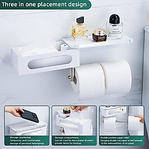 White Bathroom Toilet Paper Holder with Shelf and 180°Rotation Movable Storage Box, ABS Material Wall Mount Double Roll Tissue Holder Dispenser, Punching or Self Adhesive Two Different Installation