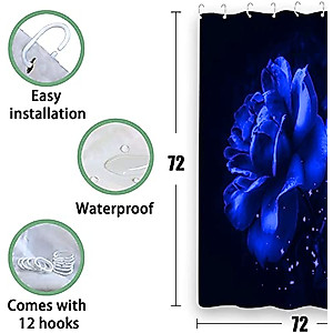 Rose Shower Curtain Sets with Non-Slip Rugs, Toilet Lid Cover and Bath Mat,Flower NauticalShower Curtains with 12 Hook s, Durable Waterproof Bath (Blue Rose)… (Blue Rose), 72'' x 72''