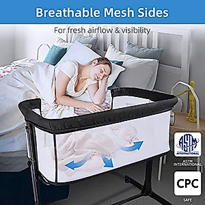 IKOMZY Baby Bassinets Bedside Sleeper, Bedside Bassinet for Baby, Lightweight Portable Bedside Crib with Airflow Mesh and Adjustable Heights