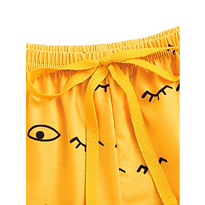 WDIRARA Women's Cute Cartoon Print Closed Eyes Print Tee and Shorts Pajama Set Yellow S