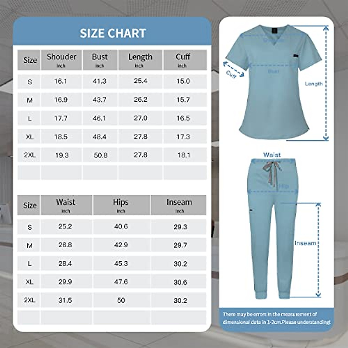 VIAOLI Scrubs for Women Set Stretchy V-Neck Scrubs Top and Jogger Pants with Drawstring 8 Pocket Womens Scrubs (Light Blue,S,Small)
