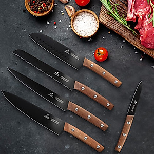 ENOKING 6PCS Knife Set with block, Magnetic Wood Knife Holder with Acrylic Shield, German High Carbon Stainless Steel Blades