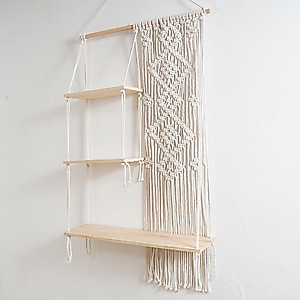 MIATTCLD Macrame Wall Hanging Shelf Boho Wood Floating Storage Shelf, 3 Tier Display Shelving for Hanging Plants Photos, Rustic Wall Decor with Tassel and Woven Rope for Home Bedroom Living Room