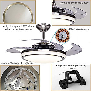 Fandian 44" Modern Ceiling Fan with Lights Remote Control Chandelier Fixture, 3 Lighting Changes Retractable Fandelier for Living Room Bedroom, Brush Chrome with Silent Motor