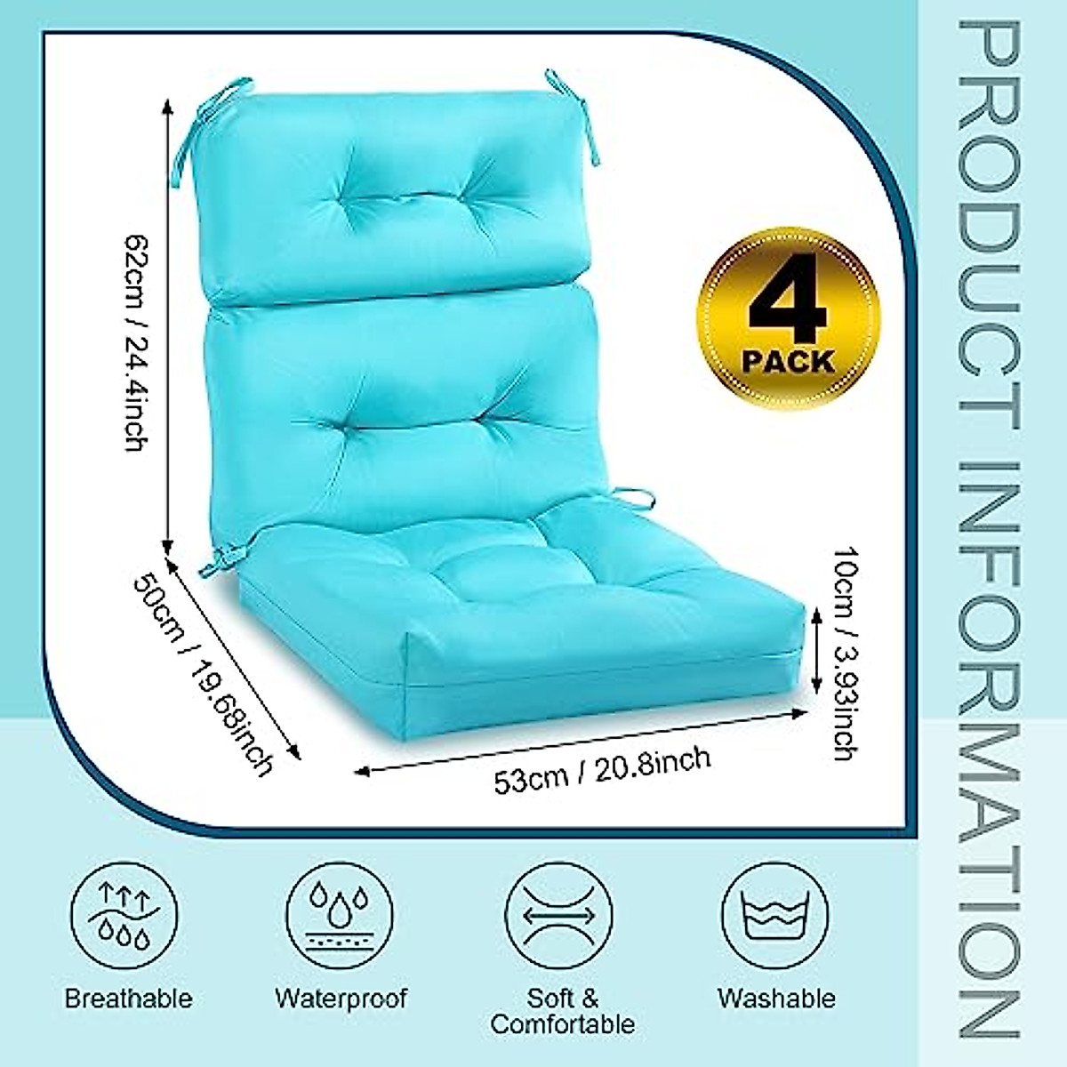 Geelin High Back Patio Chair Cushion Indoor Outdoor Seat Back Chair Cushions Tufted Patio Chair Cushions Waterproof Rocking Chair Pads All Weather Replacement Cushions for Outdoor Furniture (Blue, 4)