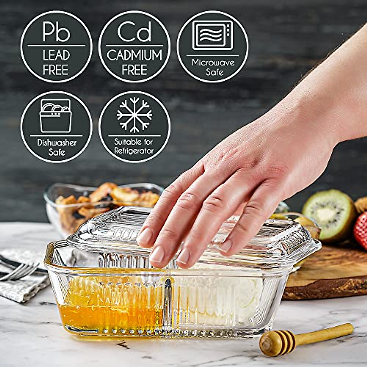 Crystalia Divided Glass Food Storage Containers with Lid, 2 Compartment Glass Meal Prep Containers for Butter and Honey, Lunch, Snacks, Leftovers, Divided Storage Glassware, 13.7 oz