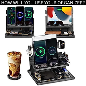 Black Solid Wood Phone Docking Station for up to 3 Phones - Nightstand Organizer for Men & Women Holds Multiple Phones, Tablets, Apple Watch & More - Neatly Stores Keys, Rings, Glasses & EDC