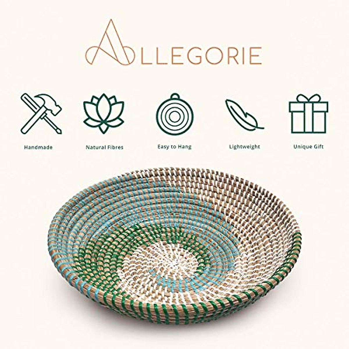Allegorie Woven Basket Bowl Wall Hanging | Handmade Decorative Bowl with Hook | Chic Boho Décor, Ideal Housewarming Gift for Her | 13 Inches (Green & Blue)