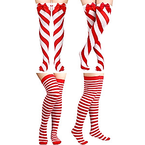 Eurzom 4 Pairs Christmas Striped Socks Red and White Striped Socks Women Long Striped Candy Cane Knee High Socks Leg Stockings for Women