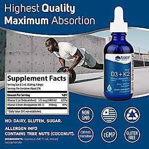 Trace Minerals | Liquid Ionic Vitamin D3 + K2 | 125 mcg (5,000 IU) D3, 100 mcg K2 | Concentrated Dietary Supplement | Support Strong Bones, Teeth, Heart Health, and Immunity | 2 fl oz. 296 Servings