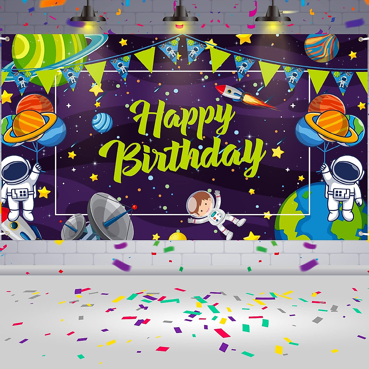Space Birthday Decorations Banner Outer Space Happy Birthday Banner Backdrop, Astronaut Rocket Space Birthday Banner Space Themed Party Decorations Supplies for Boys Girls Kids 72.8x43.3 Inch