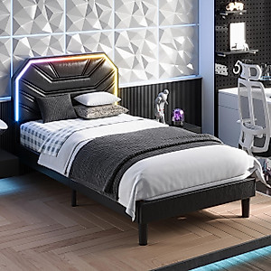 LIKIMIO Twin Bed Frames with Lighted Headboard, Upholstered Modern Cama Twin Platform Bed with Heavy Duty Supports, No Box Spring Need, Noise Free, Easy Assembly, Black