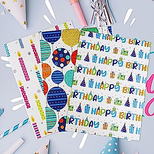 BULKYTREE Birthday Wrapping Paper for Boys Girls Kids Men Women Holiday Birthday Party - 3 Large Sheets Colorful Balloon 'Happy Birthday' Birthday Candles Gift Wrap - 27 Inch X 39.4 Inch Per Sheet