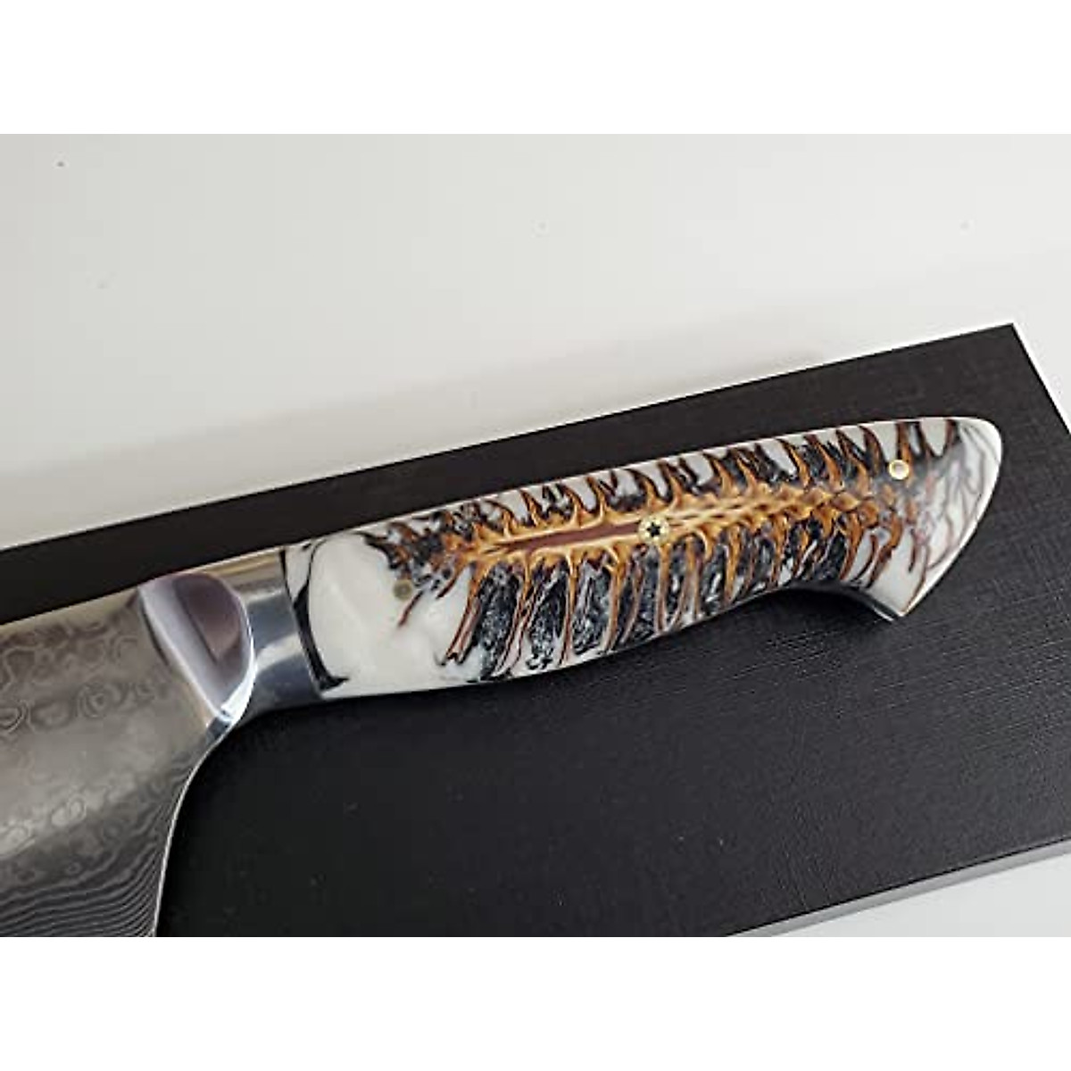 Custom VG10 Damascus chef knife Hybrid Santoku 9" White Silver cast pine cone handle, kitchen knife w/ 67 layer SS Damascus (Blue SIlver)