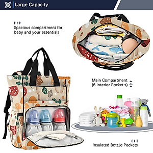 linqin Diaper Bag Backpack, Mushroom Pattern Design Autumn Nature Multifunctional Travel Backpack Maternity Changing Bags, Large Unisex Baby Bag Tote