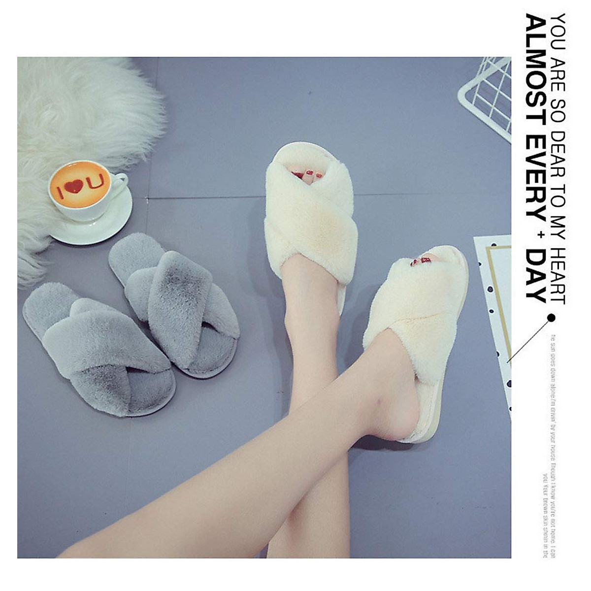 HUMIWA White Cross Slippers Fuzzy Fluffy Faux Fur House SPA Cute Open Toe Slippers for Women Girl/Women8-8.5 Men7-7.5