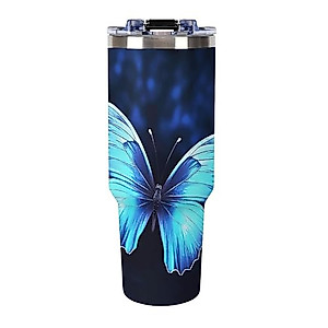 Blue Butterfly Insulated Stainless Steel Travel Mug, 40 Oz Tumbler with Handle And Straw Double-Wall Vacuum Coffee Cup, Leak-Proof Lid, Keeps Drinks Hot/Cold for Hours