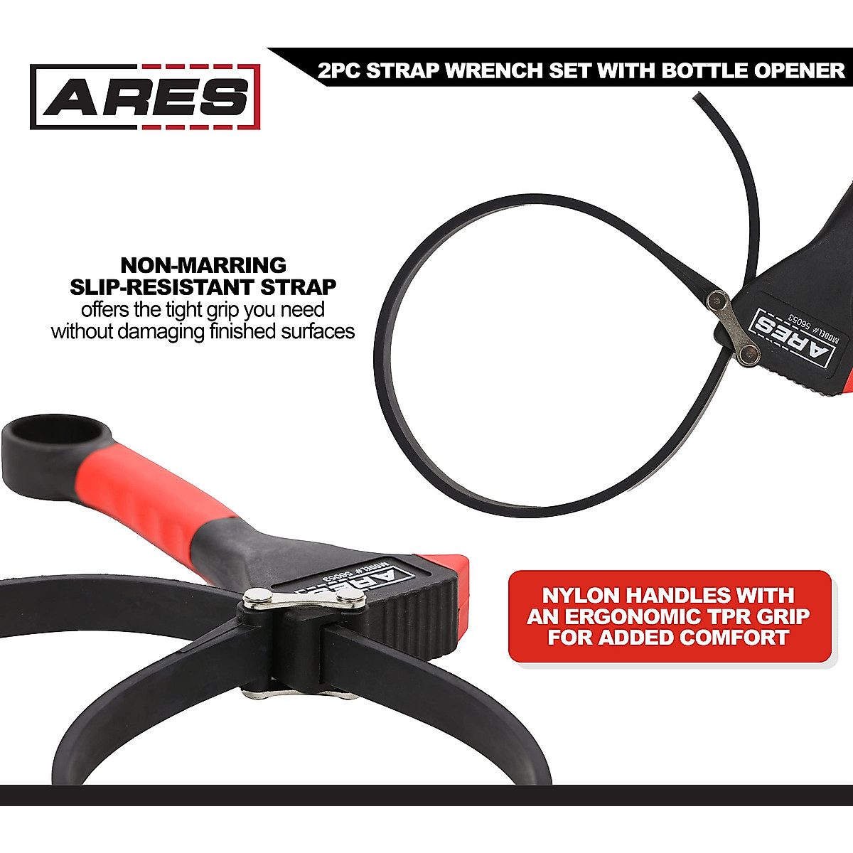 ARES 56034-2-Piece Rubber Strap Oil Filter Wrench Set - Adjustable Up to 4-inch and 6-inch Diameter - Non-Marring Slip Resistant Strap Wrench - Ergonomic TPR Handles