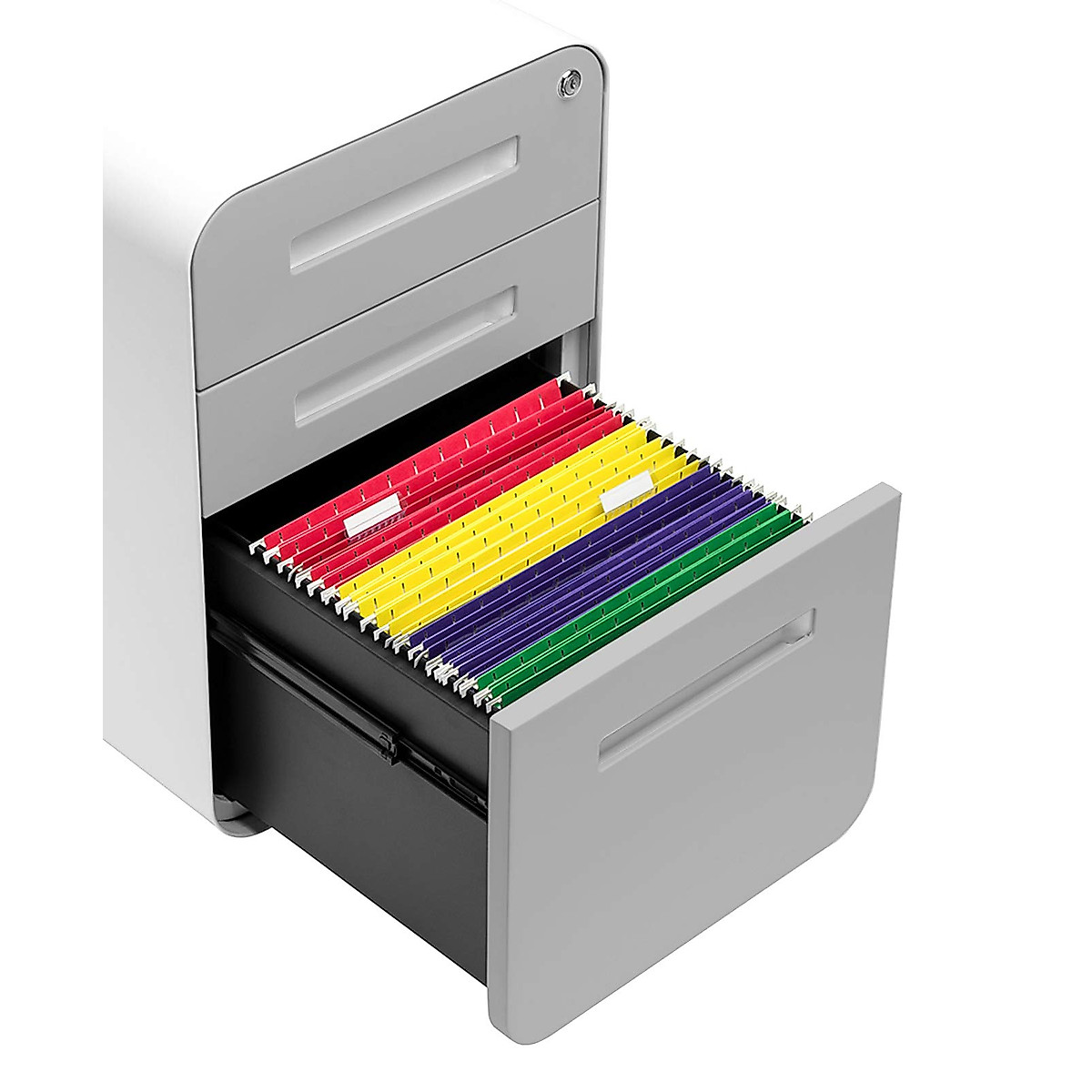 Laura Davidson Furniture Stockpile 3 Drawer File Cabinet with Lock - Under Office Desk Metal Filing Cabinet, Legal/Letter File Folders, Wheels and Stationary Feet, Pre-Assembled, Light Grey Faceplate